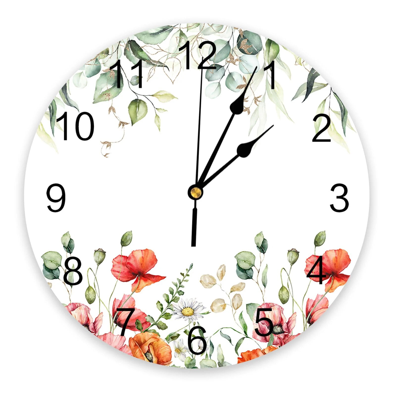 Spring Eucalyptus Poppy Flowers Wall Clock Modern Design Living Room ...