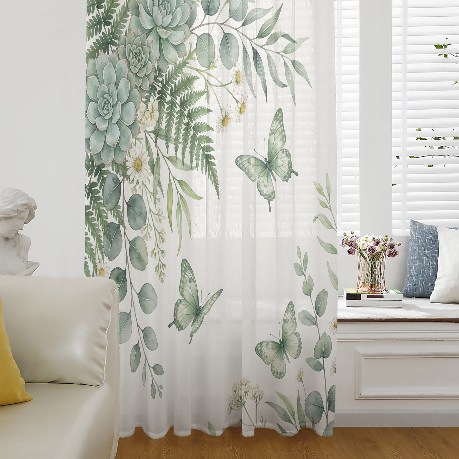 Spring Eucalyptus Sheer Curtains 96 Inch Length, Light Filtering Voile ...