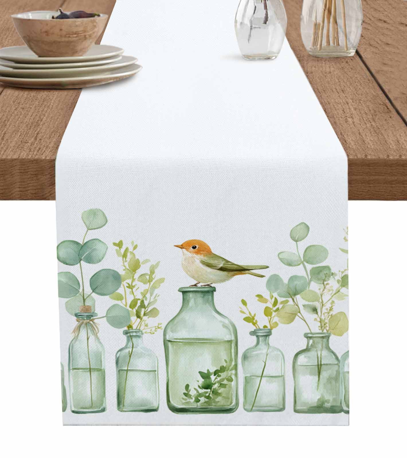 Spring Eucalyptus Table Runner 72 Inches, Birds Green Leaf Vase ...