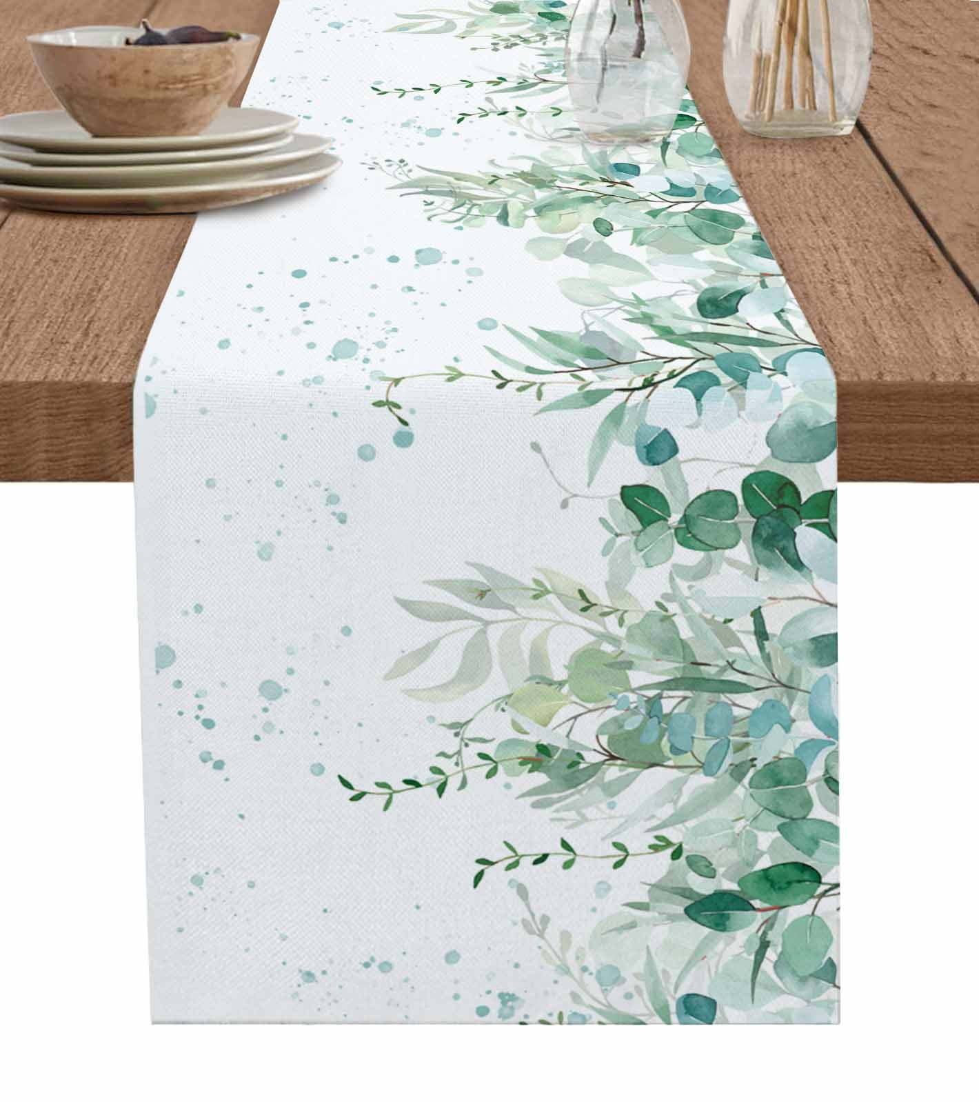 Spring Eucalyptus, Table Runner Green White Watercolor Botanical Leaf ...