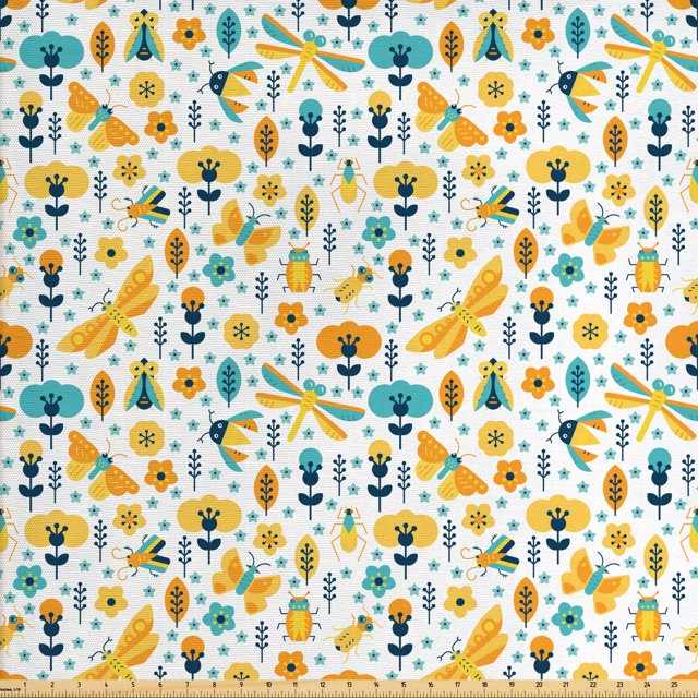 Ambesonne Spring Fabric by the Yard Upholstery, Flower Blooms and Bugs ...
