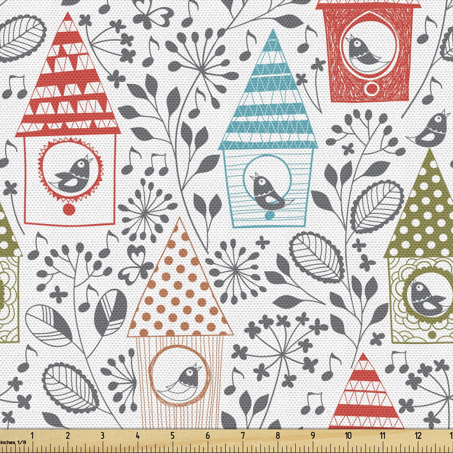 Spring Fabric by the Yard, Flowers with Sketch Bird Houses Ornamental ...