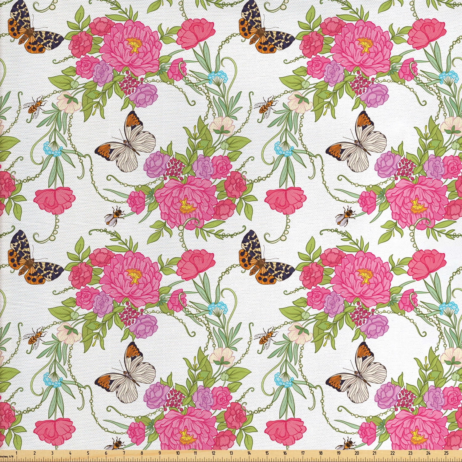 Ambesonne Spring Fabric by the Yard Upholstery, Butterflies on Flowers ...