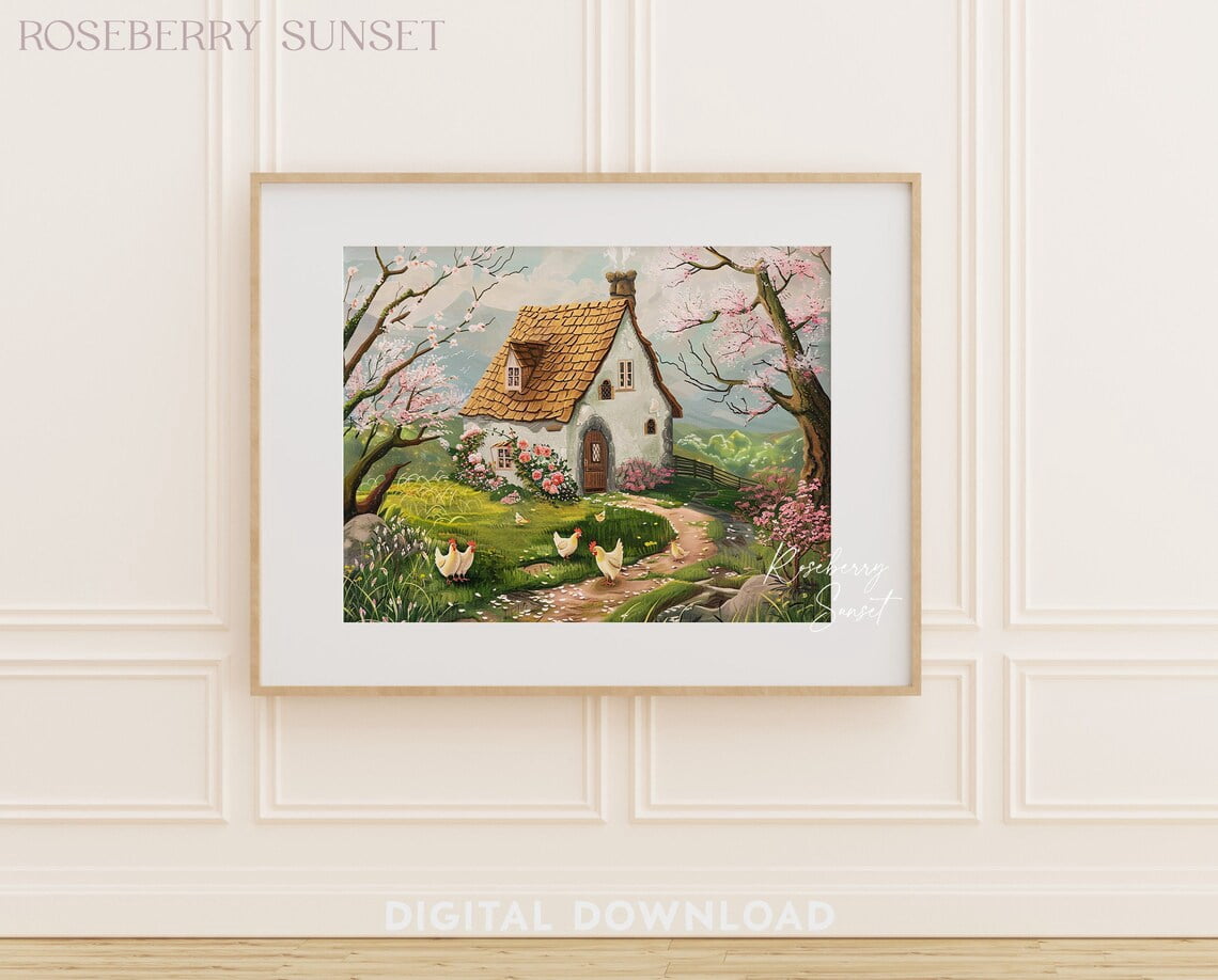 Spring Farmhouse Cottage Landscape Painting Art Print, Cherry Blossoms ...