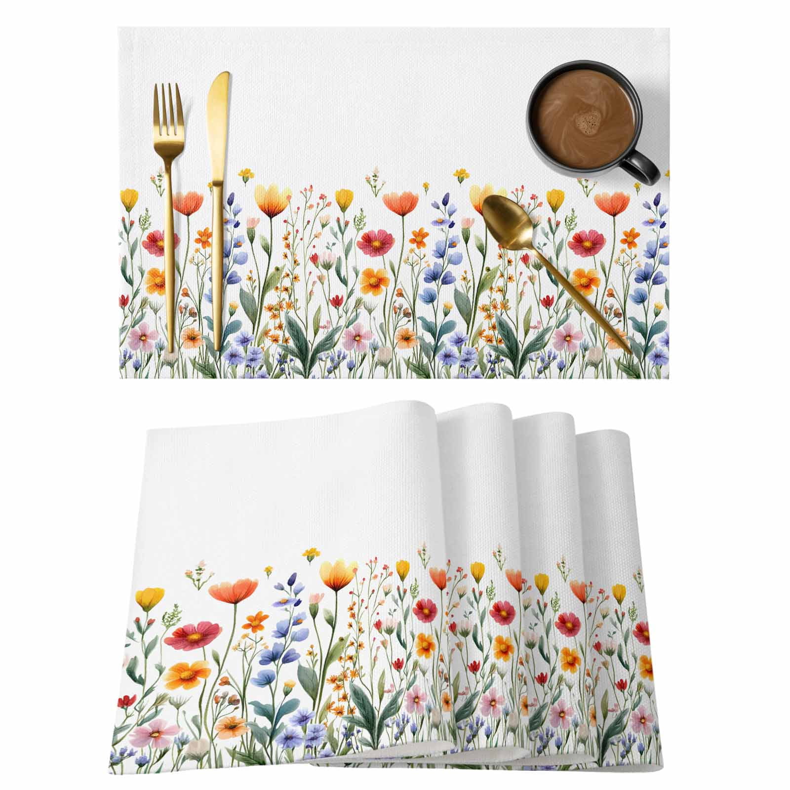 Spring Farmhouse Placemats Set of 1, Floral Nature Colorful Wildflower ...