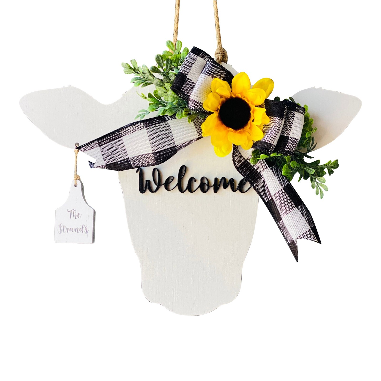 Spring Farmhouse Sunflower Cow Head Decoration Welcome Door Plaque Sign ...
