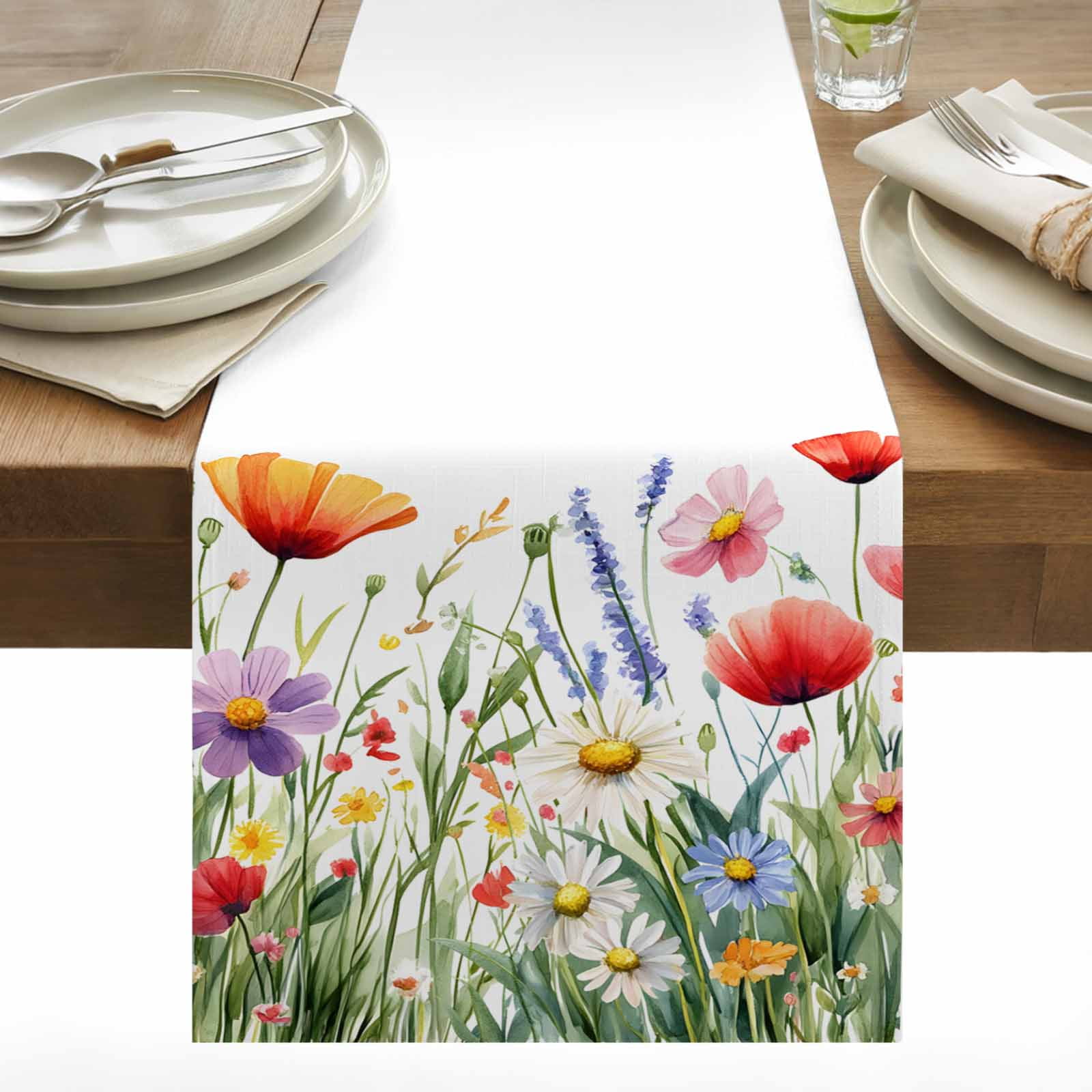 Spring Farmhouse Table Runner 13x120 inch Floral Nature Red Wildflower ...