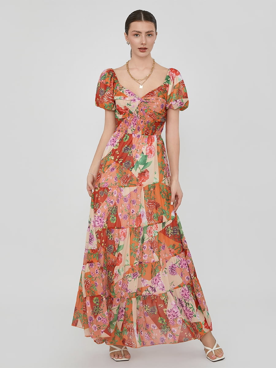 Spring Fashion Flowy Smocked Maxi Dress Chiffon Puff Sleeve Sweetheart Y2K Floral Boho Summer ...