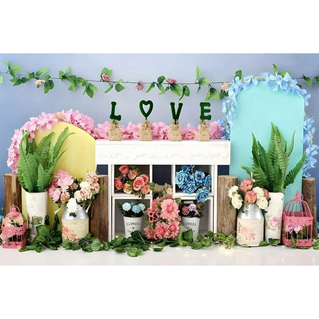 Spring First Birthday Baby Girl Cake Smash Background Pink Floral Fence ...