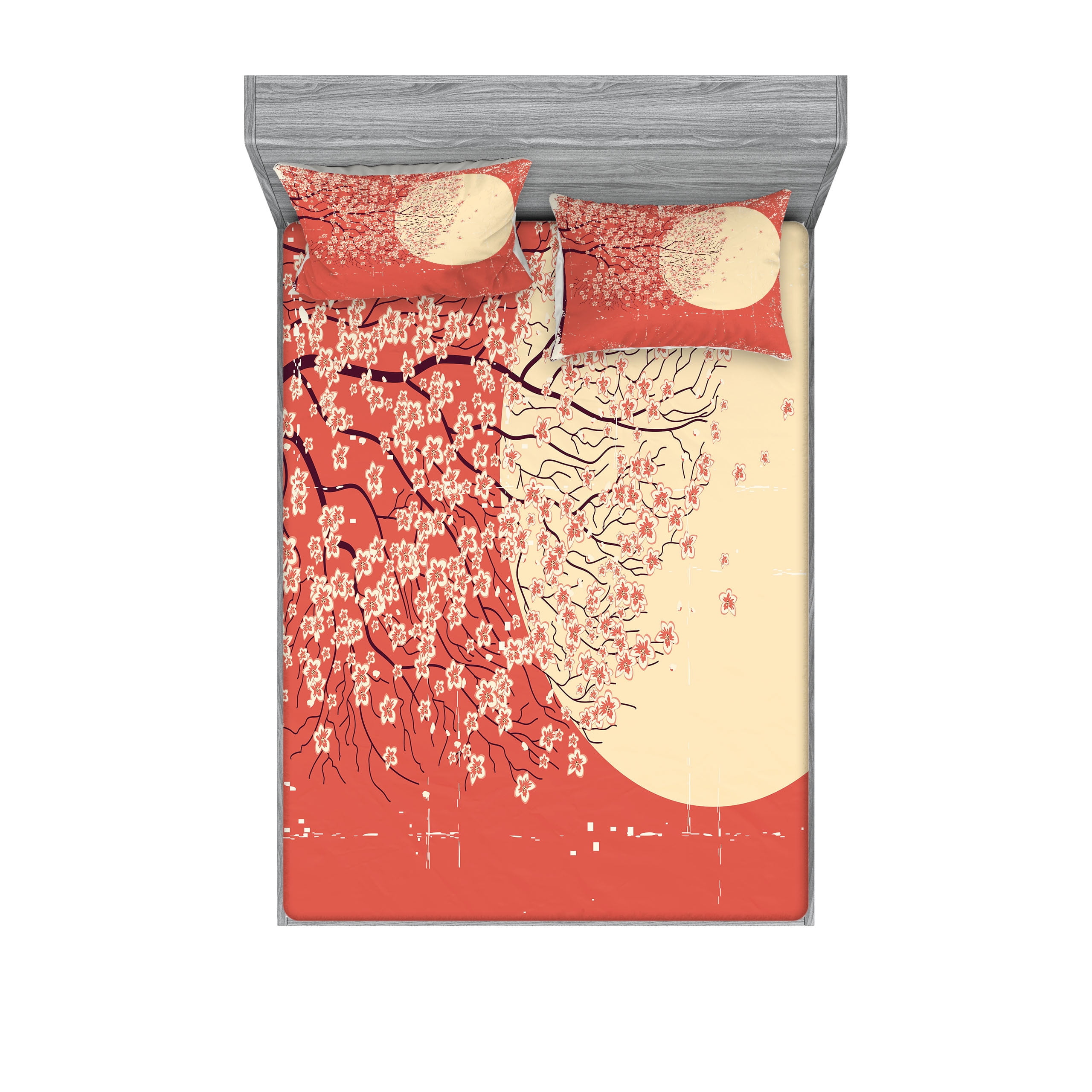 Spring Fitted Sheet & Pillow Sham Set, Cherry Blossom Sakura Tree ...