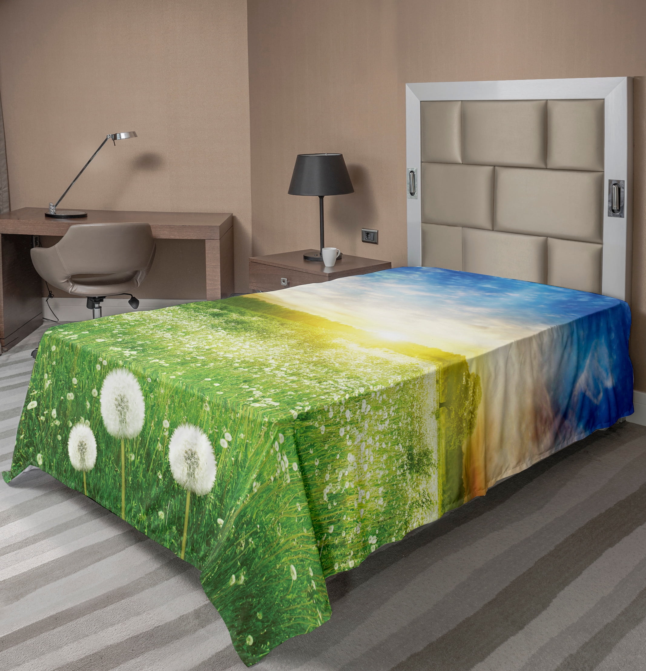 Spring Flat Sheet, Dandelion Flower Field Meadow Rural Grass Vivid ...