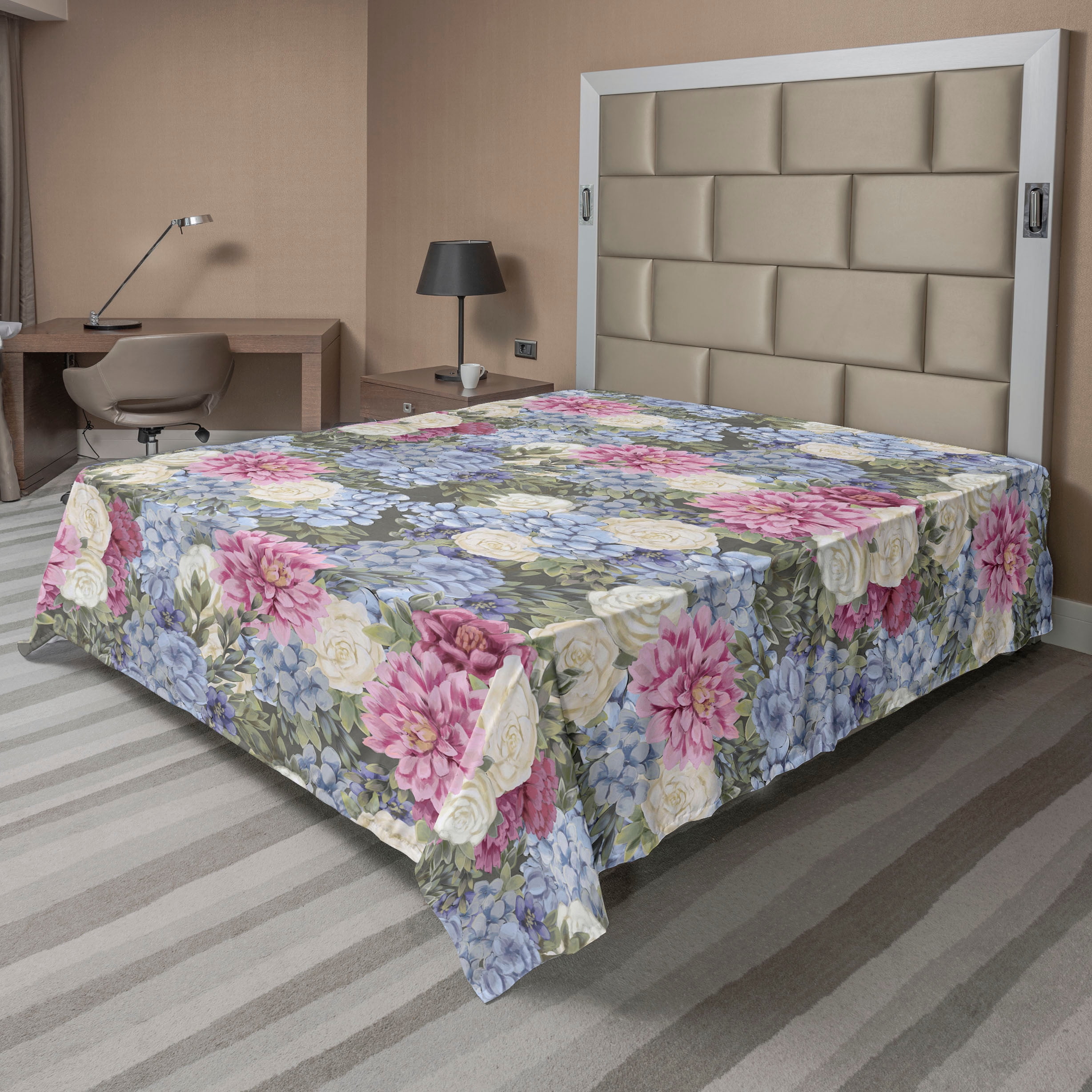 Spring Flat Sheet, Hand-Drawn Hydrangea and Other Colorful Flowers ...