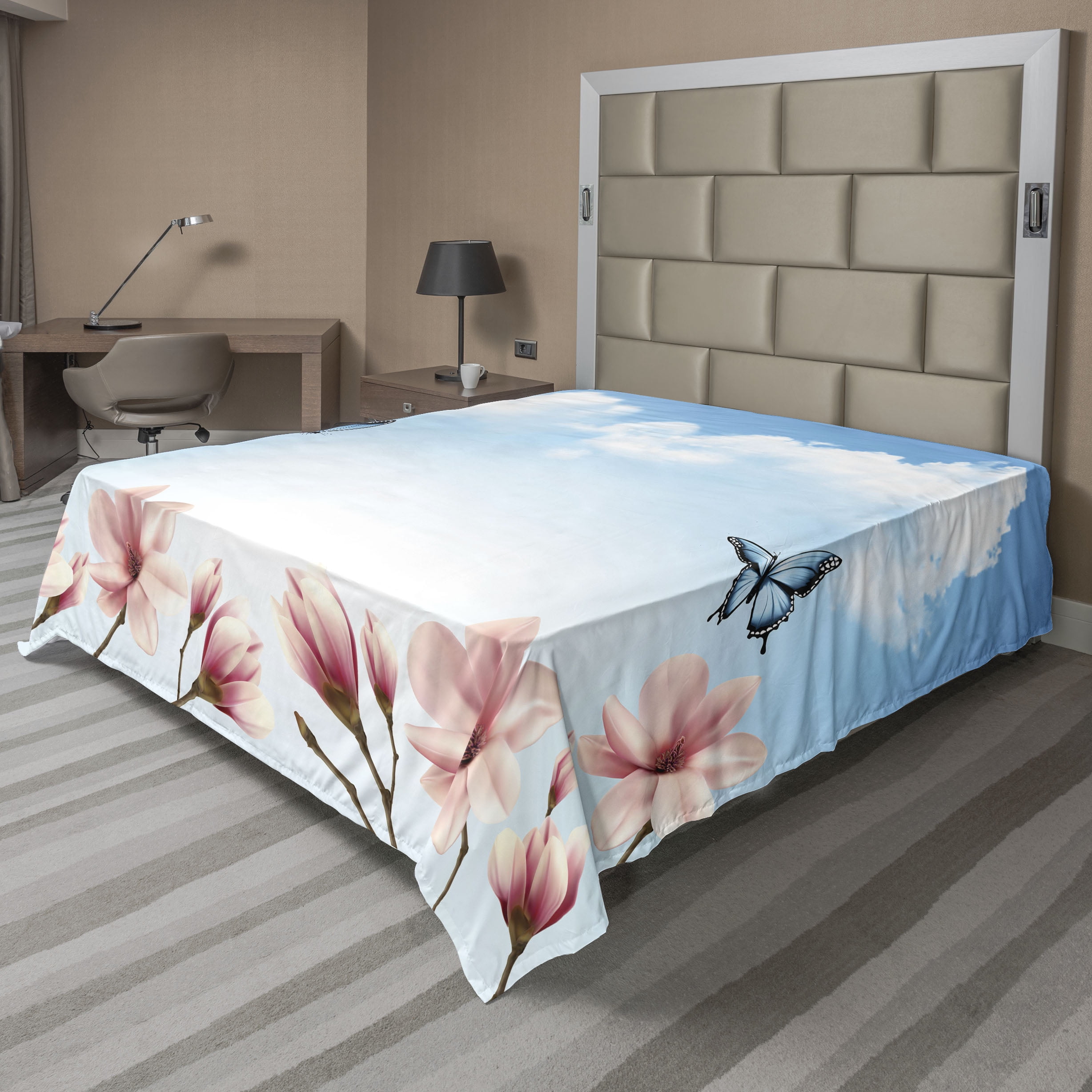 Spring Flat Sheet, Magnolia Branches with Swallow Tail Butterflies ...