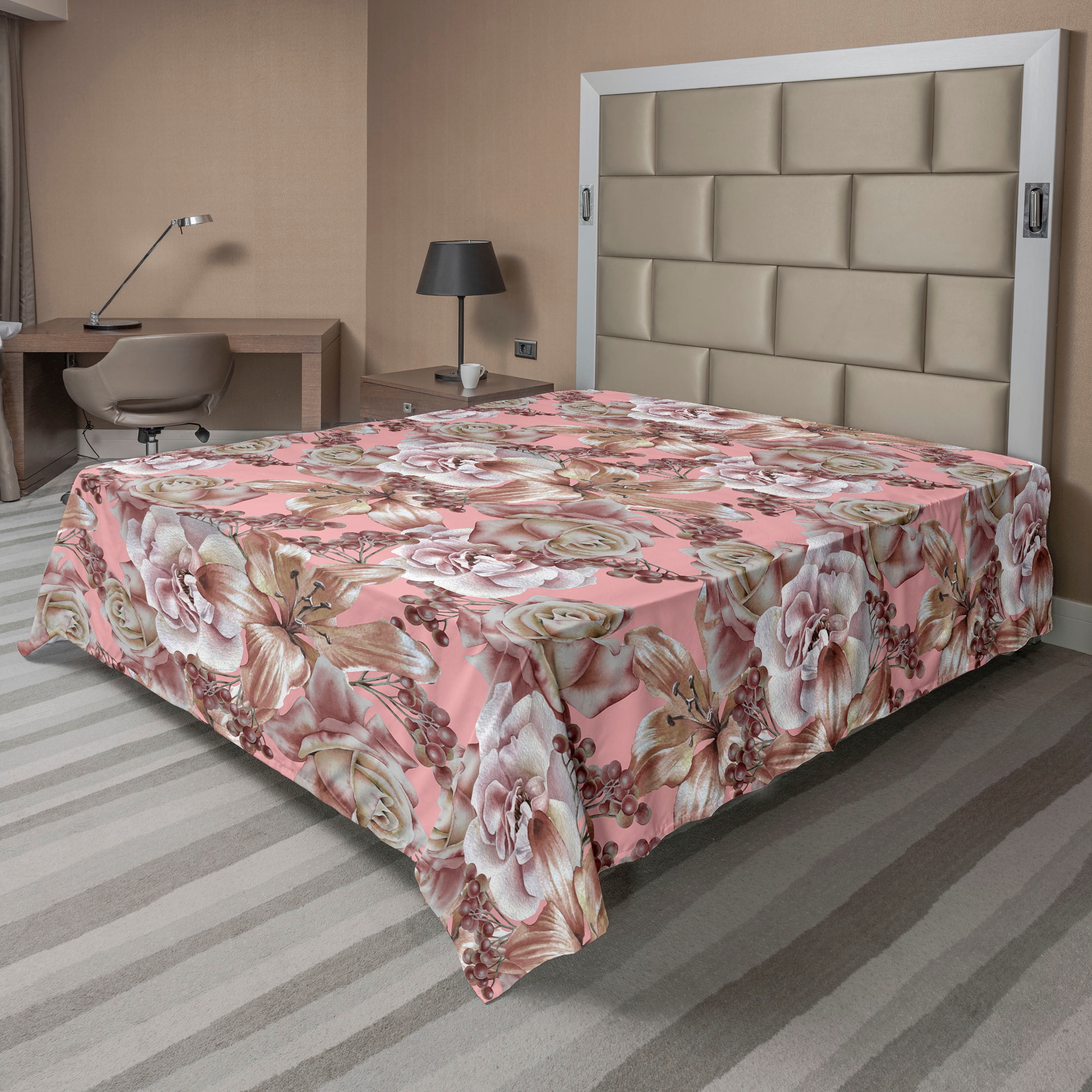 Spring Flat Sheet, Rose Lily Flowers Berries Retro Watercolor Style ...