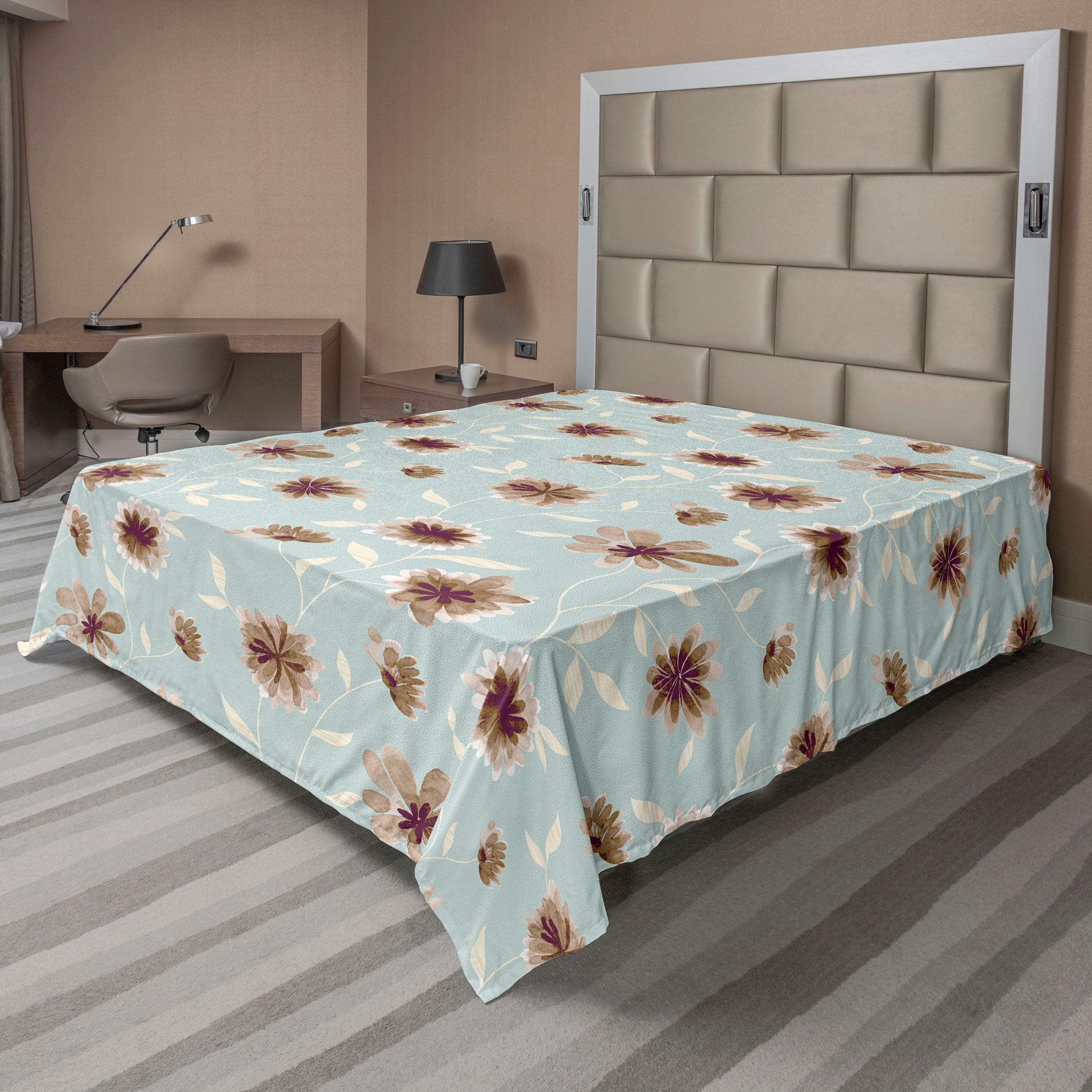 Spring Flat Sheet, Vertical Flowers Leaves Abstract Continuous Floral ...