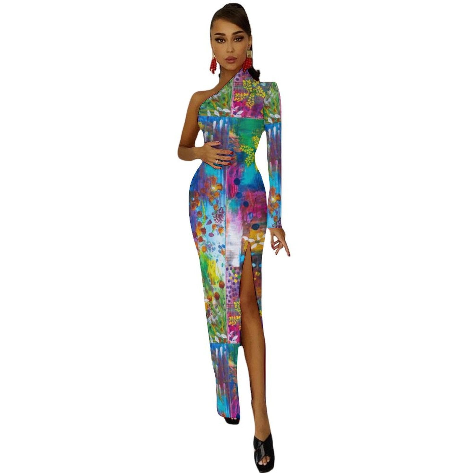 Spring Fling Colorful Abstract Floral Half Dleeve Split Dress evening ...
