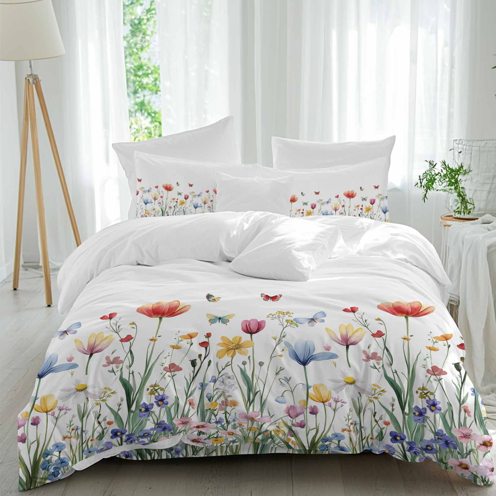Spring Floral 4 Piece Duvet Cover Set Twin Size Red Blue Wildflower ...