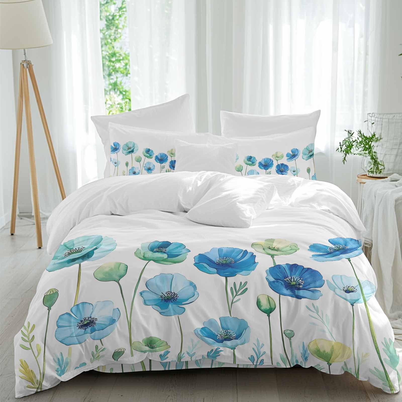 Spring Floral 4 Piece Duvet Cover Set Twin Size Watercolor Blue Poppy ...