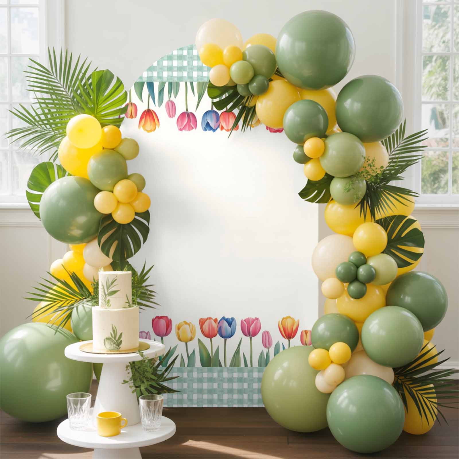 Spring Floral Arch Backdrop Cover, 6.6FT, Watercolor Flower Green Leave ...