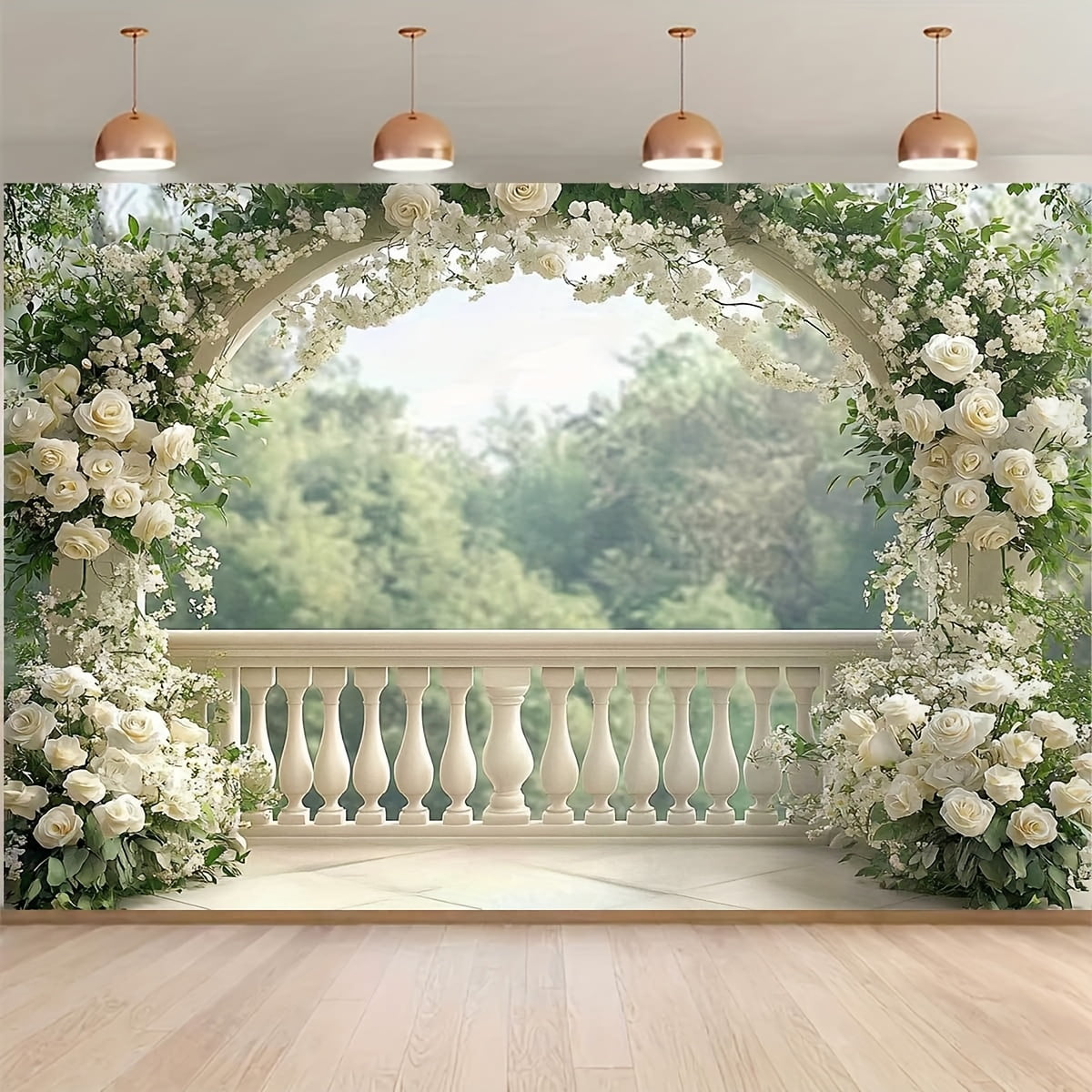 Spring Floral Arch Scenery Wedding Backdrop White Floral Balcony Green ...