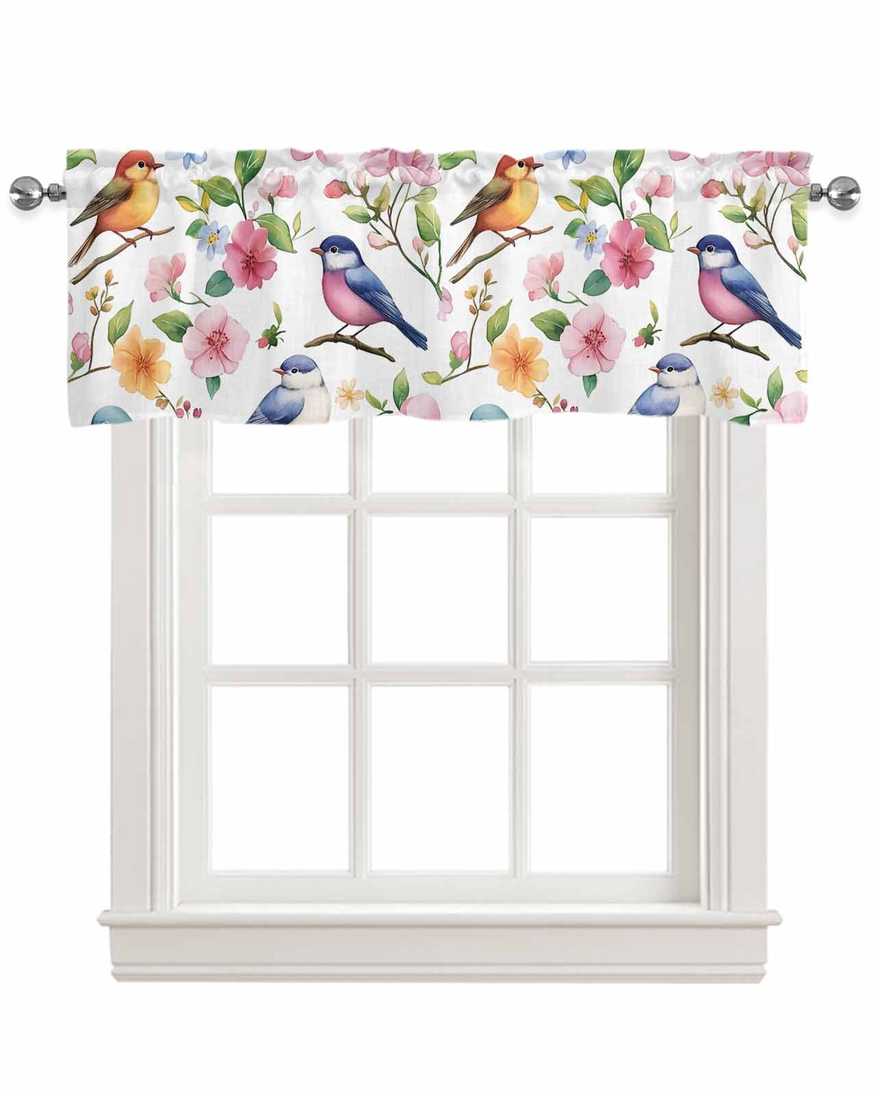 Spring Floral Birds Kitchen Valances for Windows Farmhouse Linen Window ...