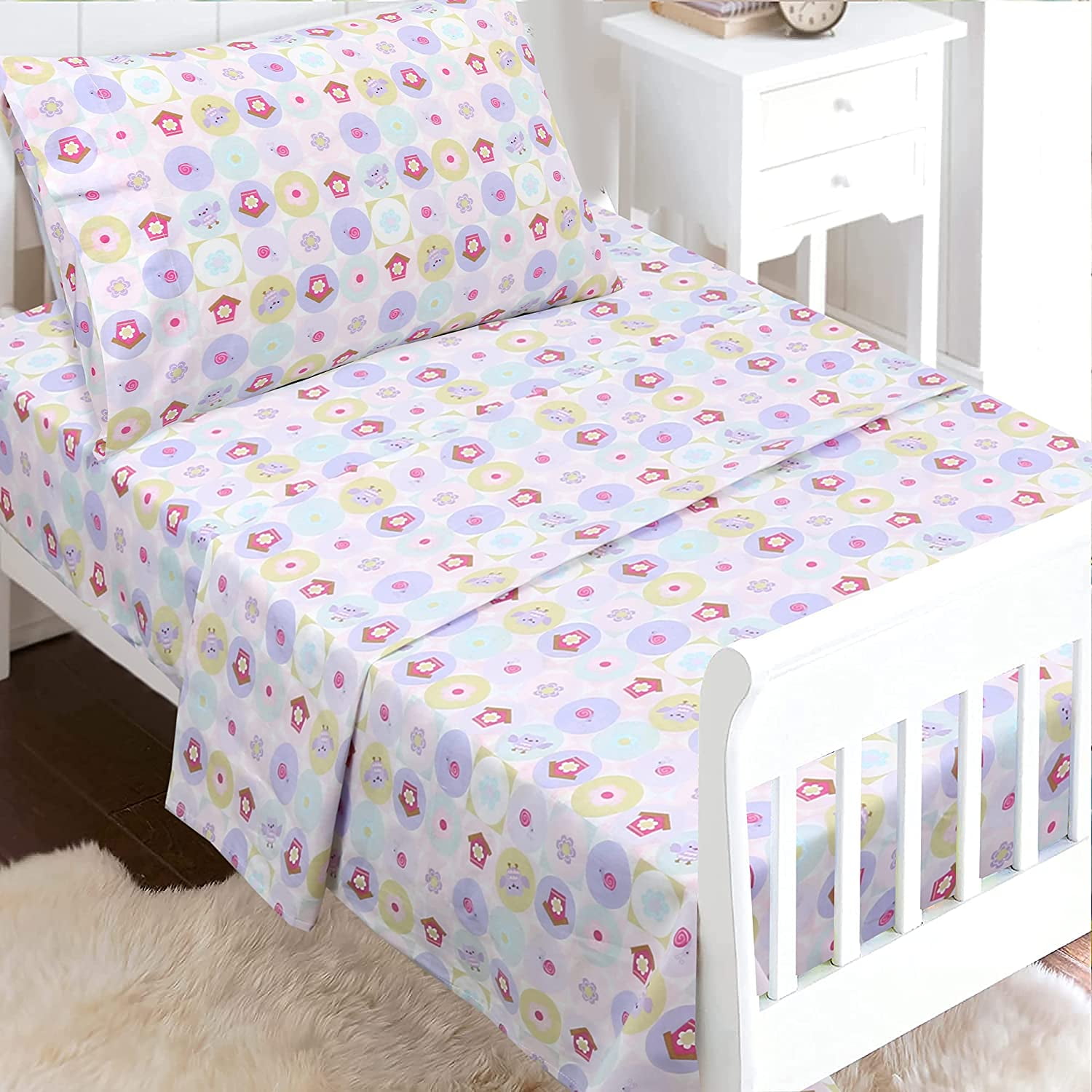 Spring Floral Bloom Geometric Garden 3 Piece Pink Cotton Toddler Sheet ...