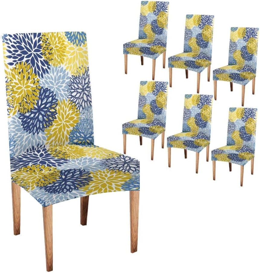 Spring Floral Blue Yellow and Navy Chair Covers Chrysanthemum Flowers ...