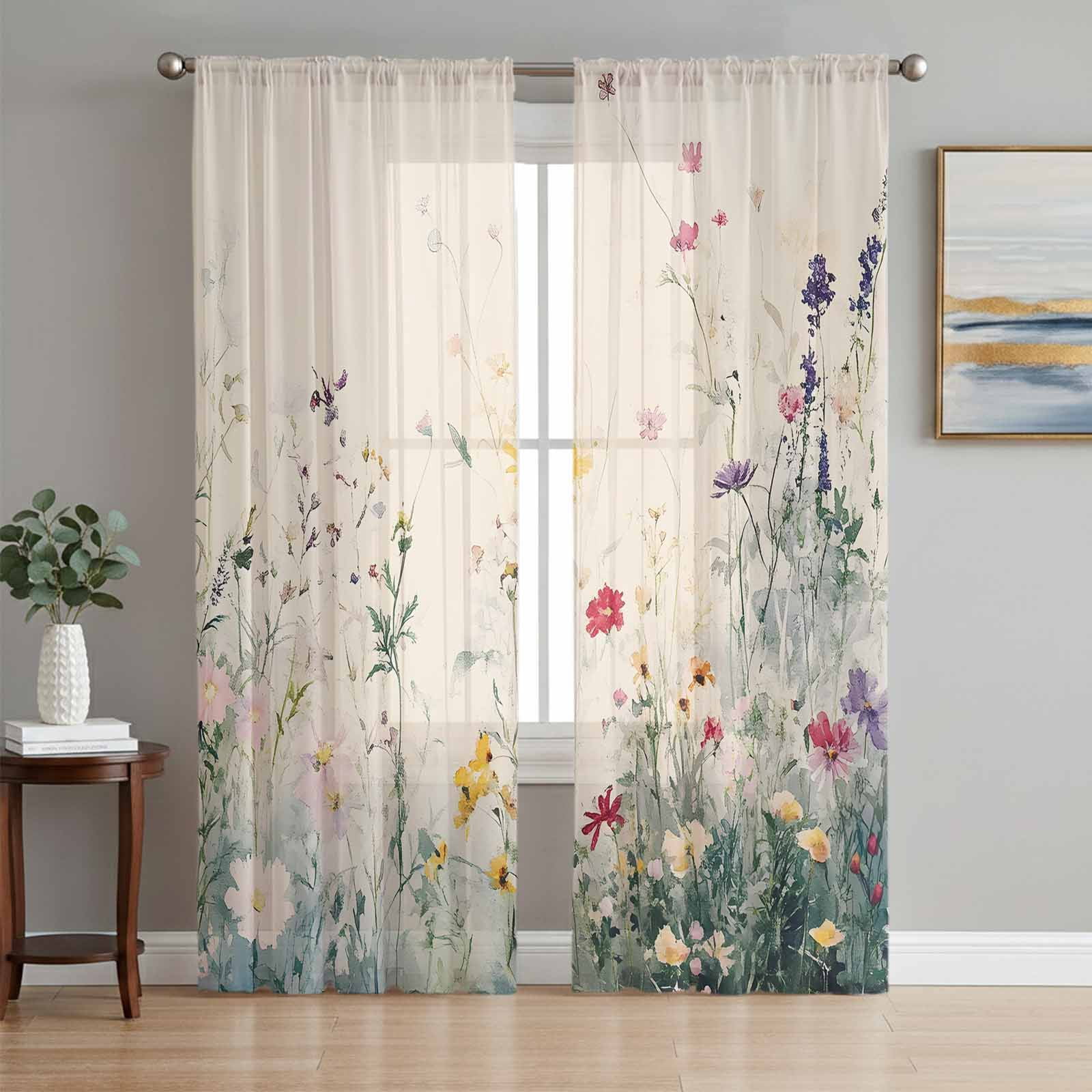 Spring Floral Botanical Sheer Curtains 72 Inch Length 2 Panels Set ...