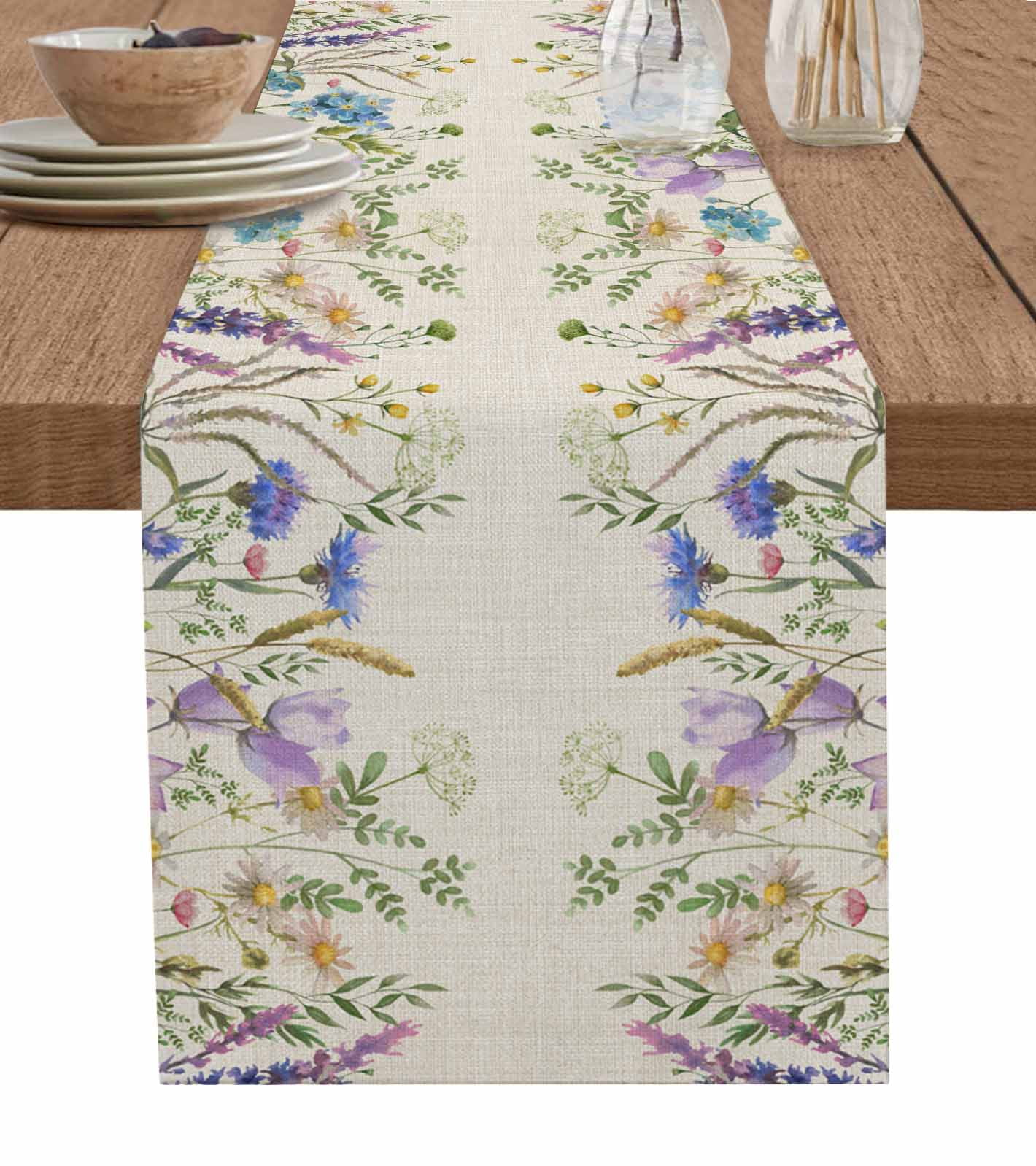 Spring Floral Burlap-Cotton Table Runner 120 Inches Long,Watercolor ...