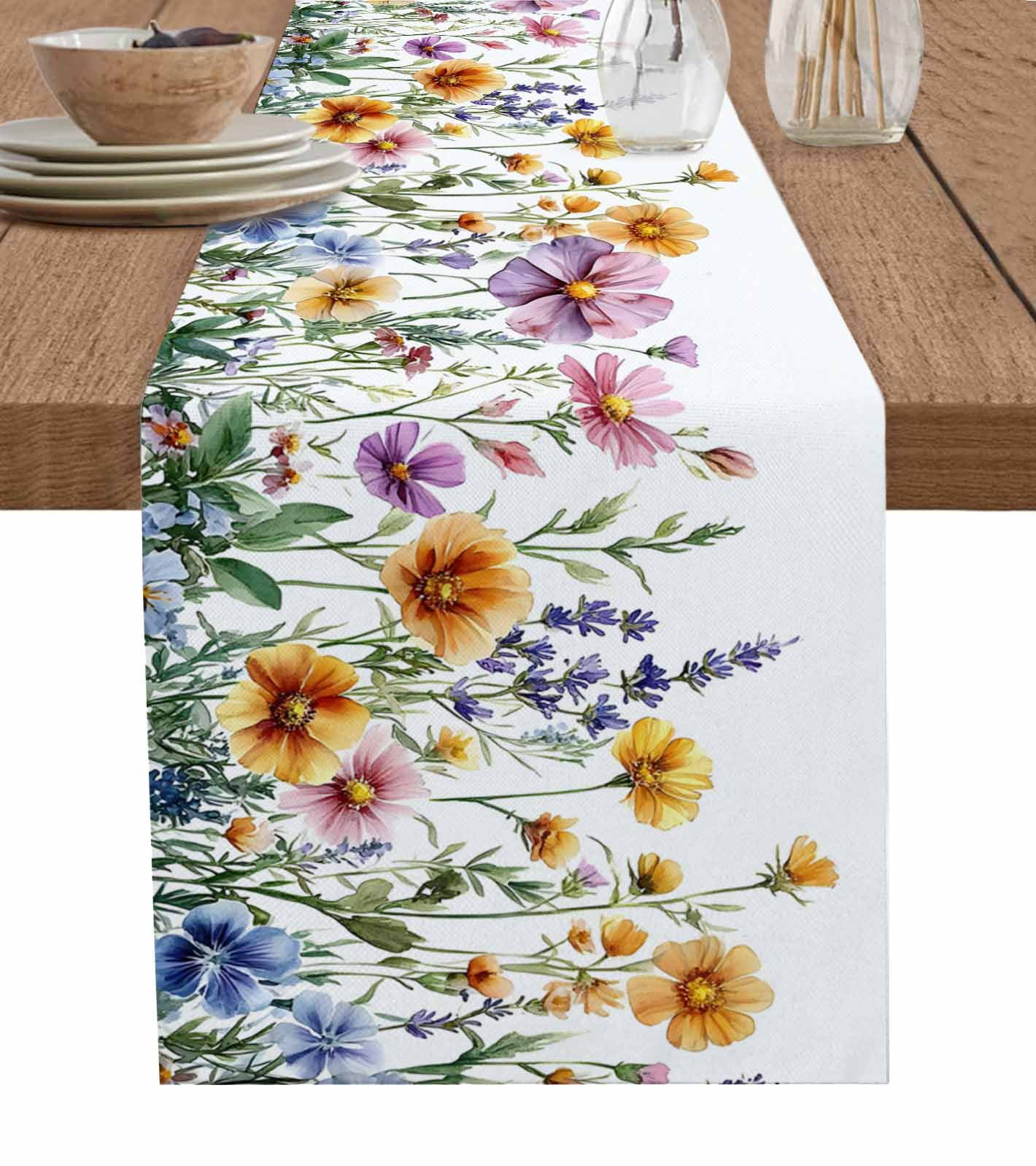 Spring Floral Burlap Cotton Table Runner 13x108 Inches Long, Yellow ...