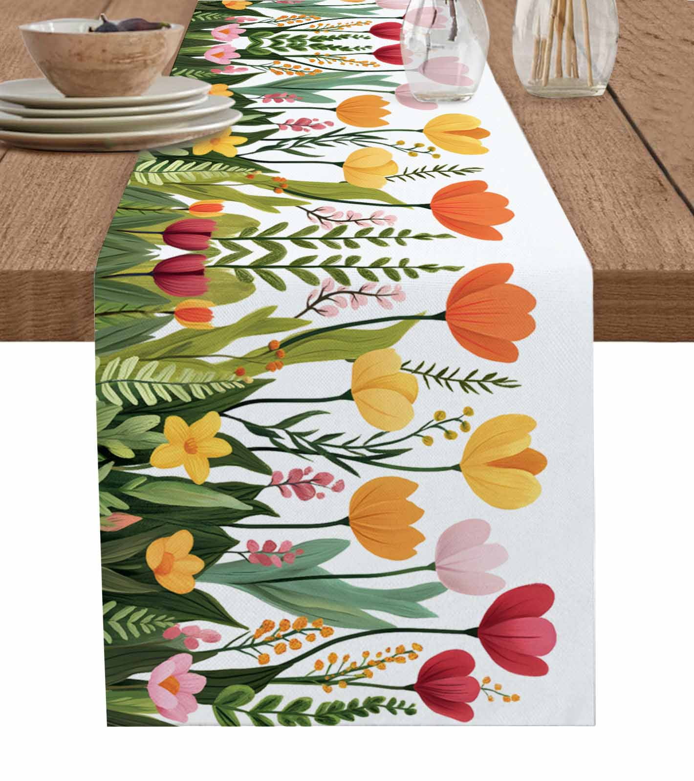 Spring Floral Burlap Cotton Table Runner 13x60 Inches Long, Modern ...