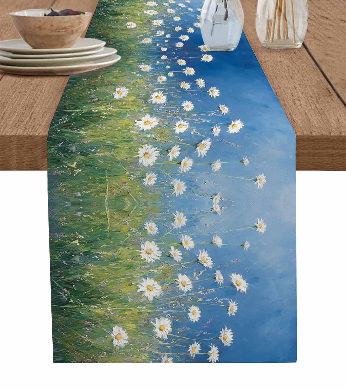 Spring Floral Burlap Cotton Table Runner 13x60 Inches Long, Modern Oil ...