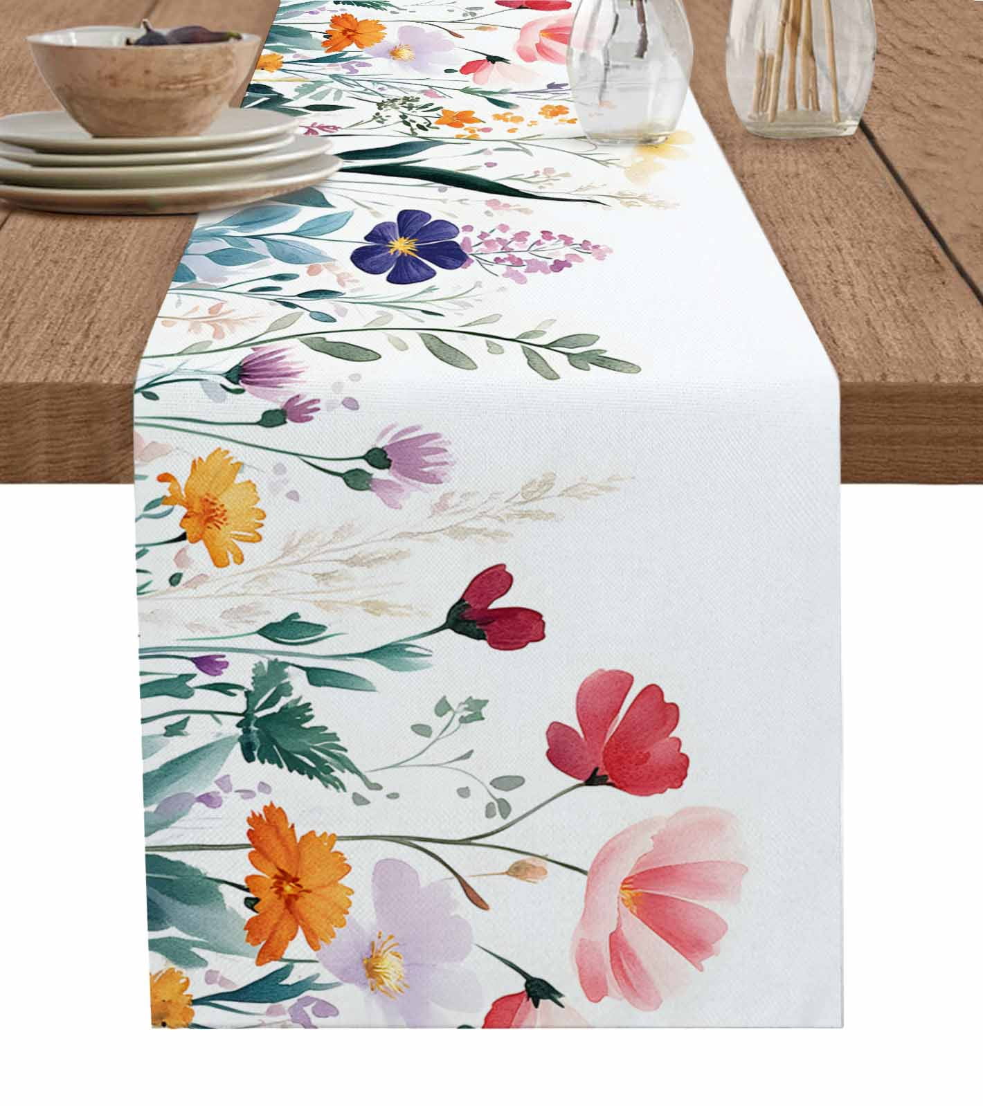 Spring Floral Burlap Cotton Table Runner 13x70 Inches Long, Watercolor ...