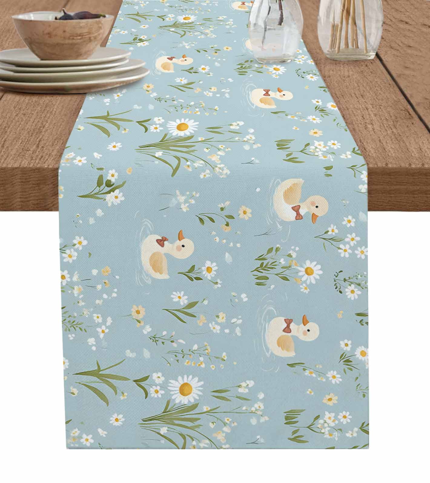 Spring Floral Burlap Cotton Table Runner 13x70 Inches Long, White Daisy ...