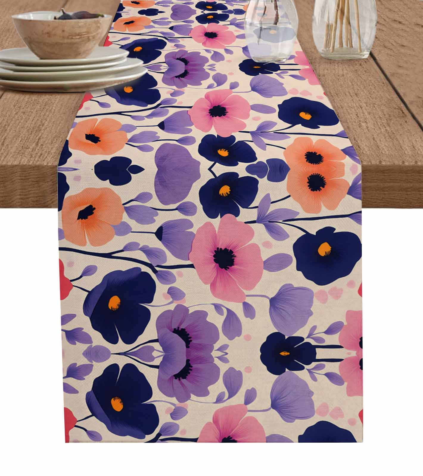 Spring Floral Burlap Cotton Table Runner 13x90 Inches Long, Abstract ...