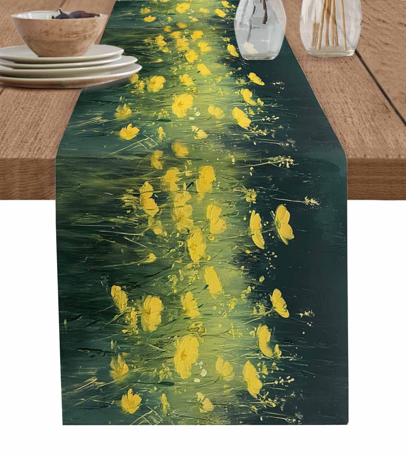 Spring Floral Burlap Cotton Table Runner 14x72 Inches Long, Modern Oil ...