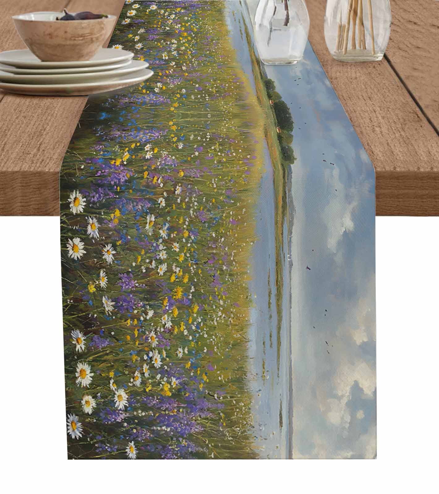 Spring Floral Burlap Cotton Table Runner 16x72 Inches Long, Modern Oil ...