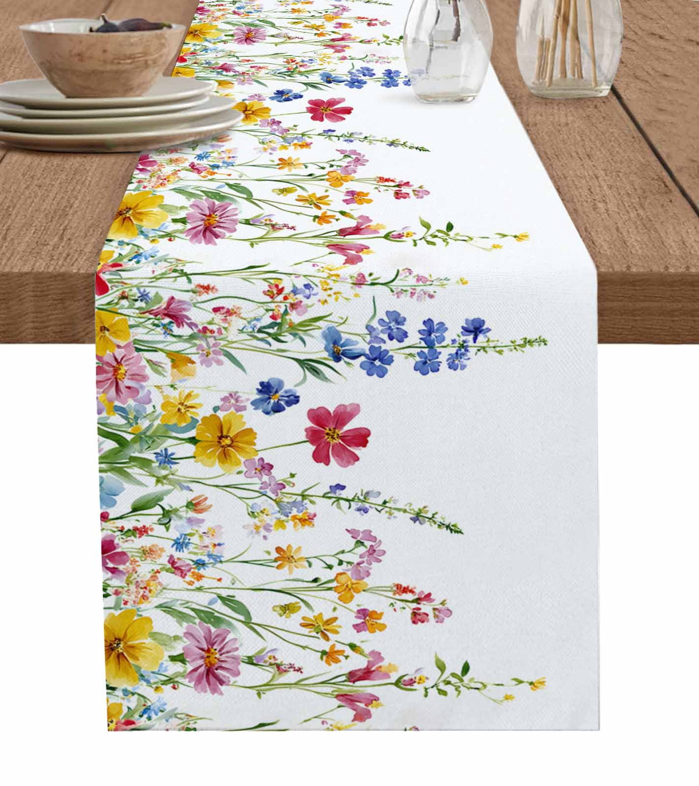 Spring Floral Burlap Cotton Table Runner 18x72 Inches Long, Colorful ...