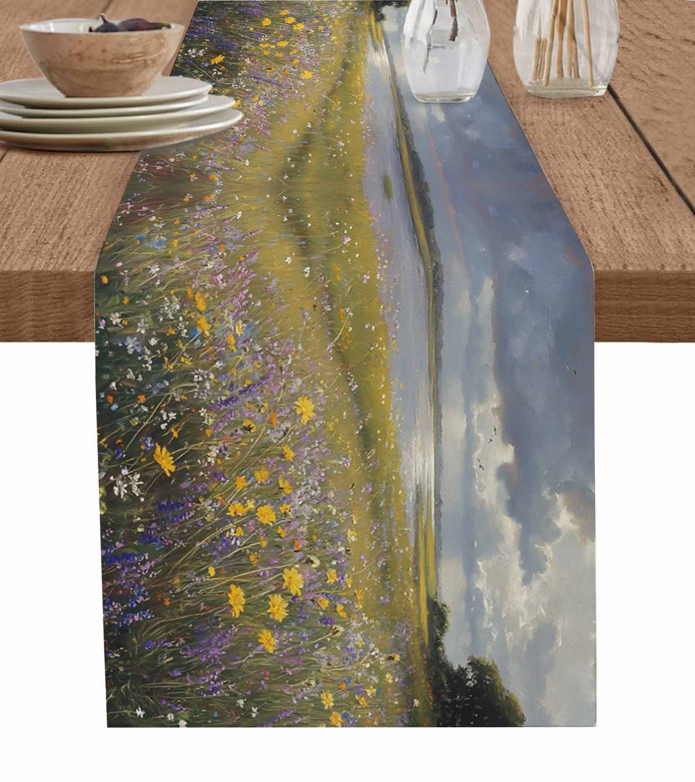 Spring Floral Burlap Cotton Table Runner 18x72 Inches Long, Modern Oil ...