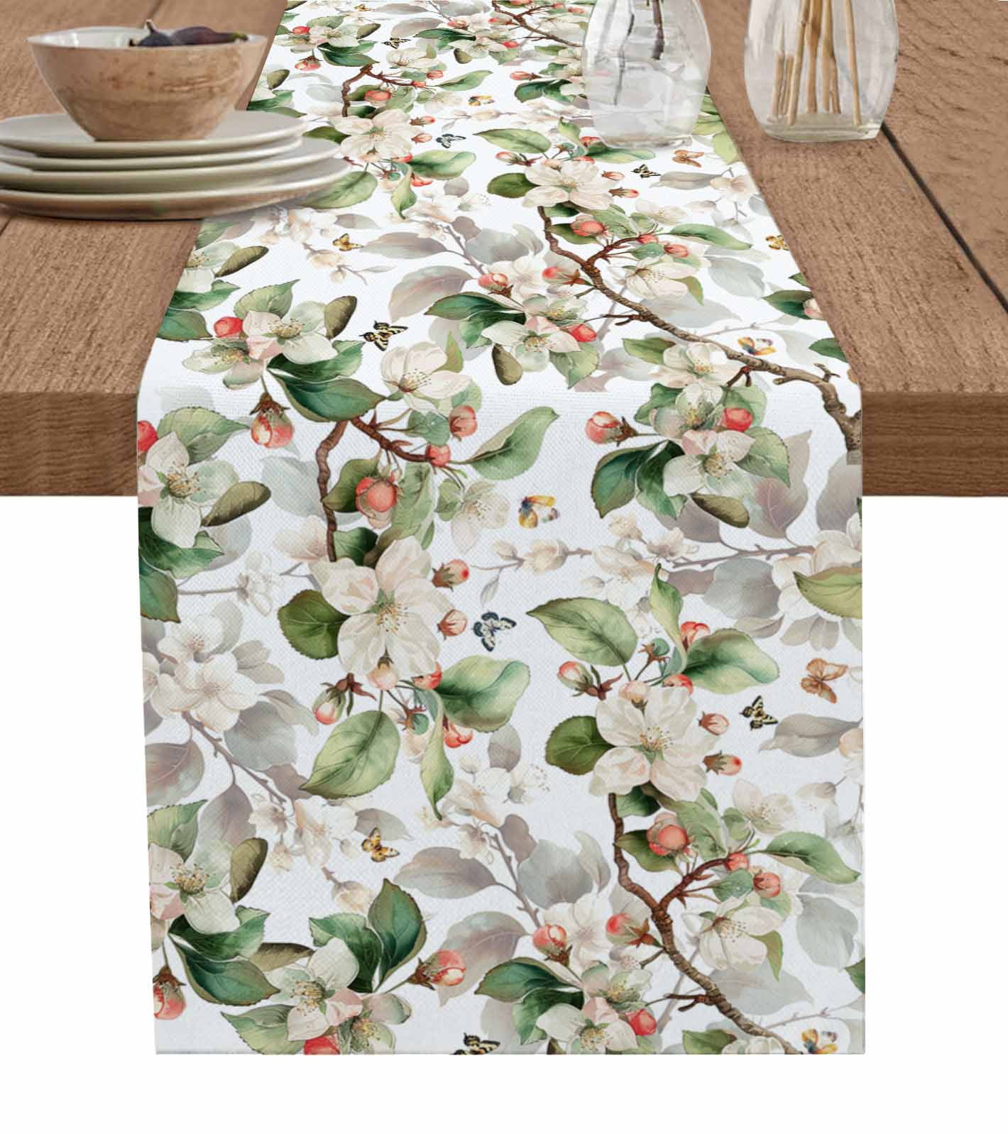 Spring Floral Burlap-Cotton Table Runner 72 Inches Long,Green Botanical ...