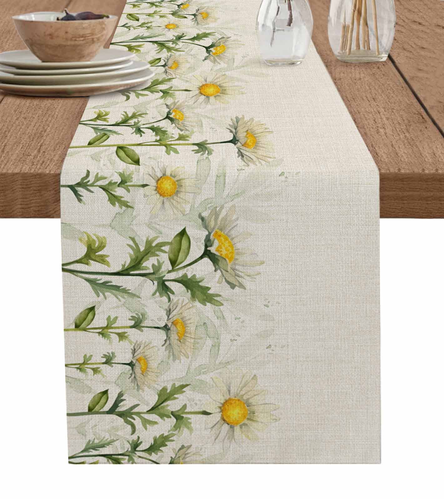 Spring Floral Burlap-Cotton Table Runner 72 Inches Long,Summer Daisy ...