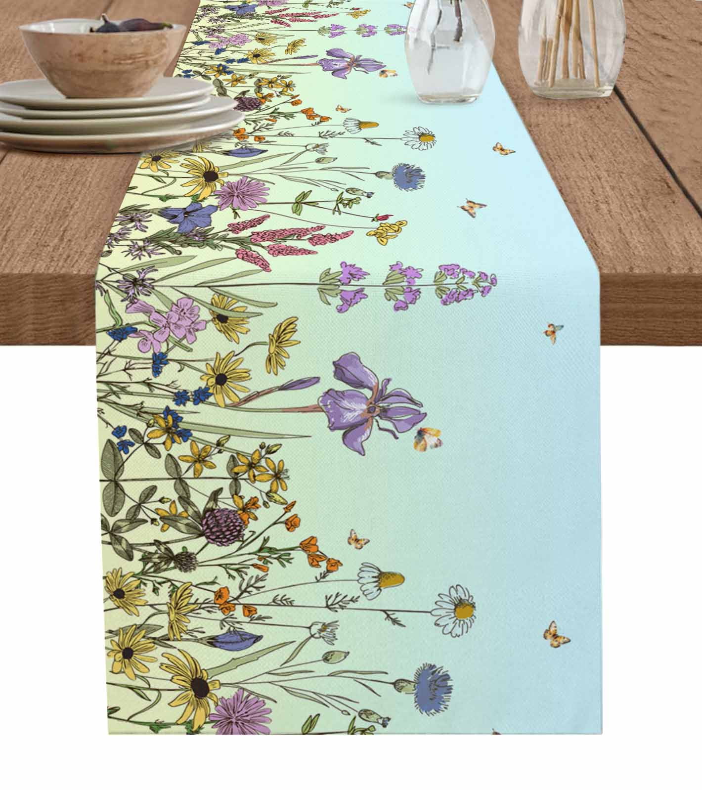 Spring Floral Burlap-Cotton Table Runner 72 Inches Long,Watercolor ...
