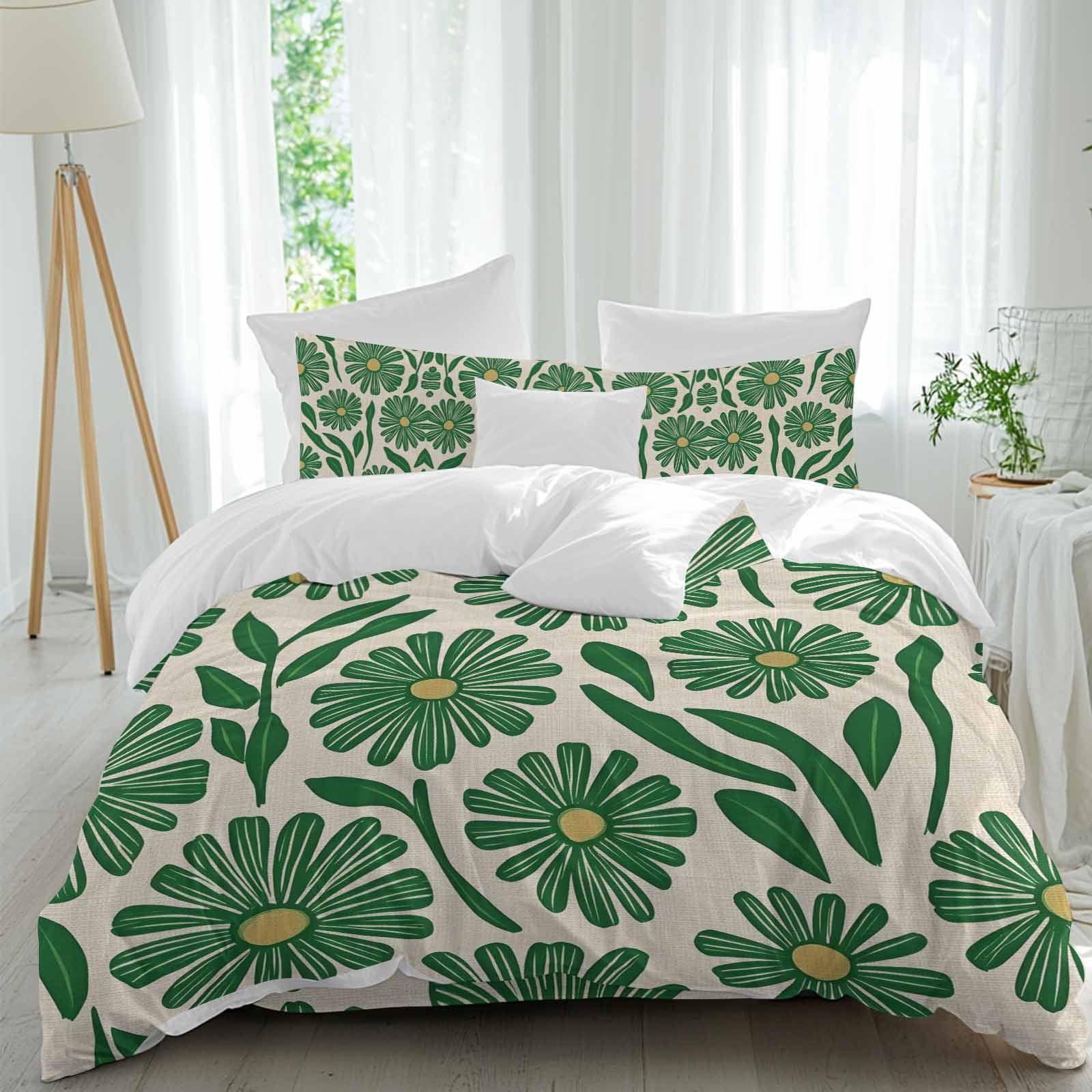 Spring Floral California King Duvet Cover Set, Watercolor Green Flower ...