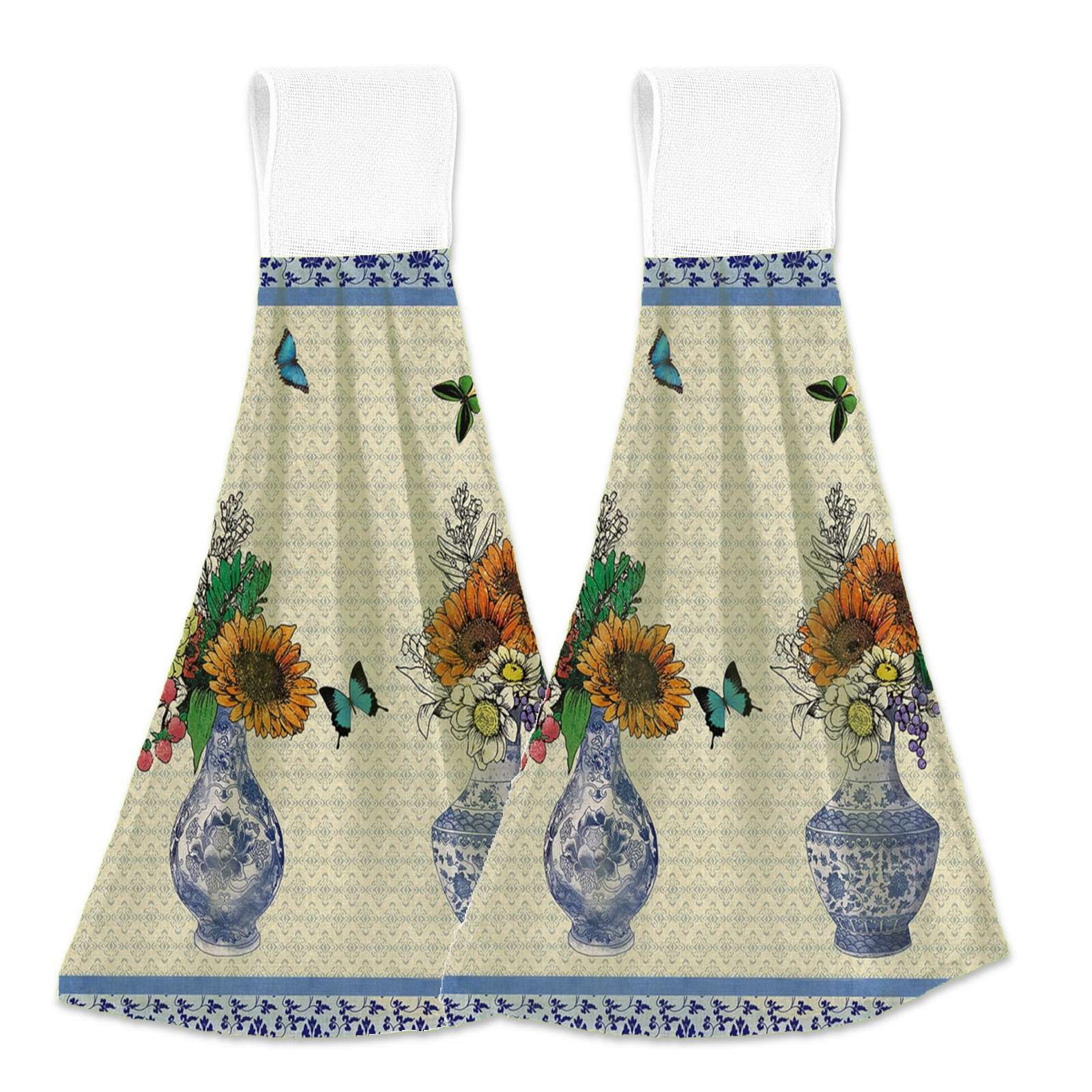 Spring Floral Celadon Hanging Kitchen Hand Towels Sets with Loop Hand ...