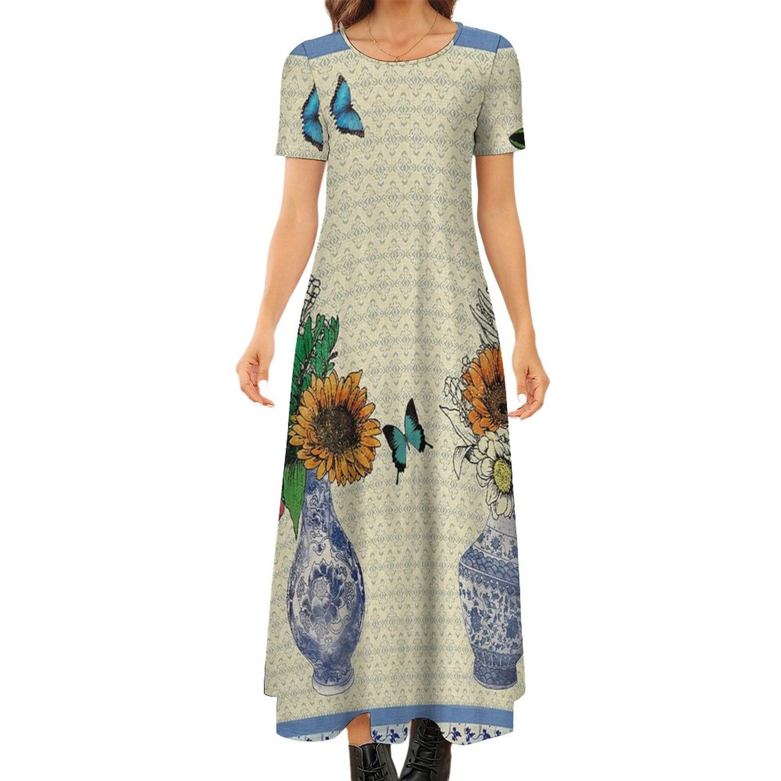 Spring Floral Celadon Maxi Dress for Women Crew Neck Beach Dress Short ...