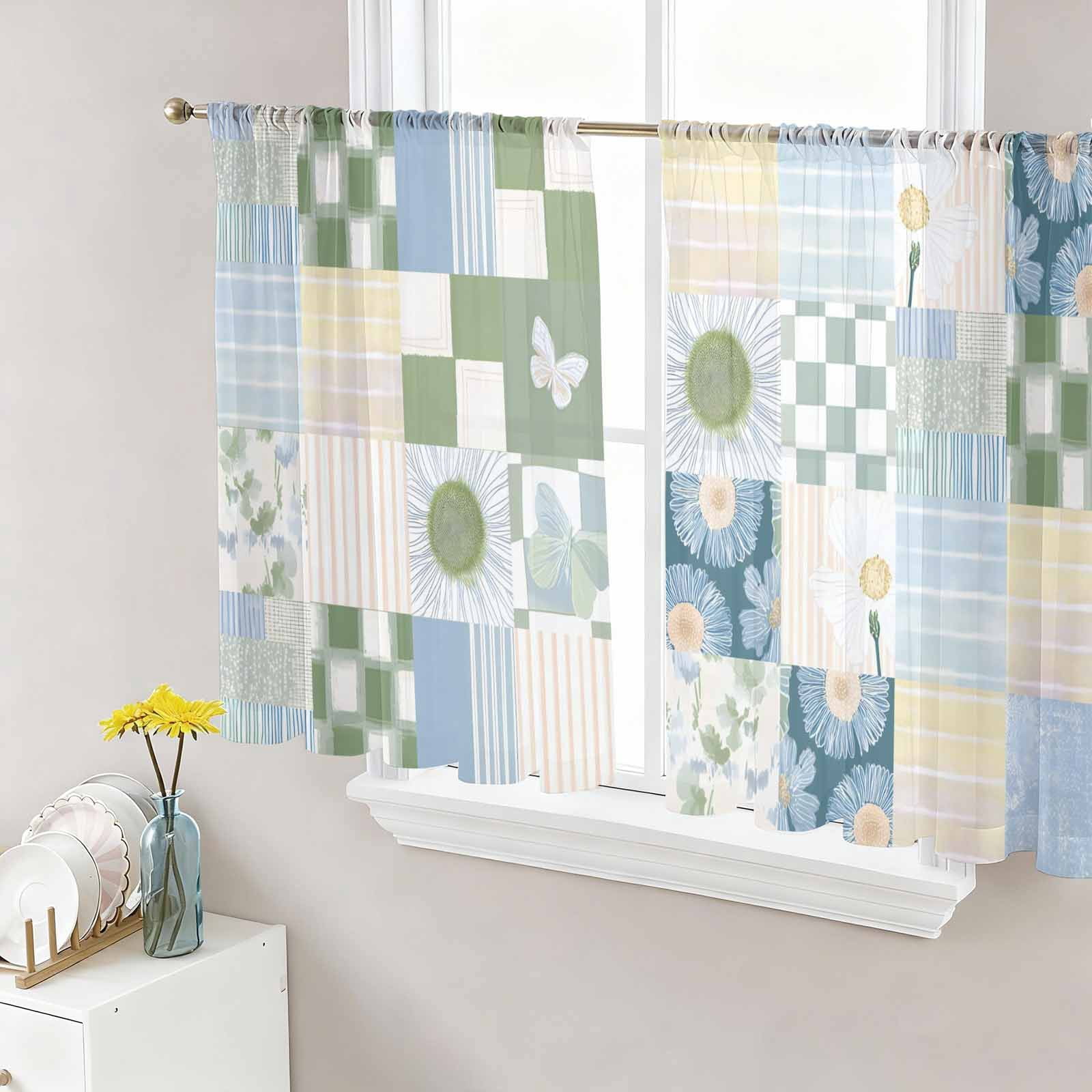 Spring Floral Checkered Sheer Curtains 45 Inch Length 2 Panels Set ...