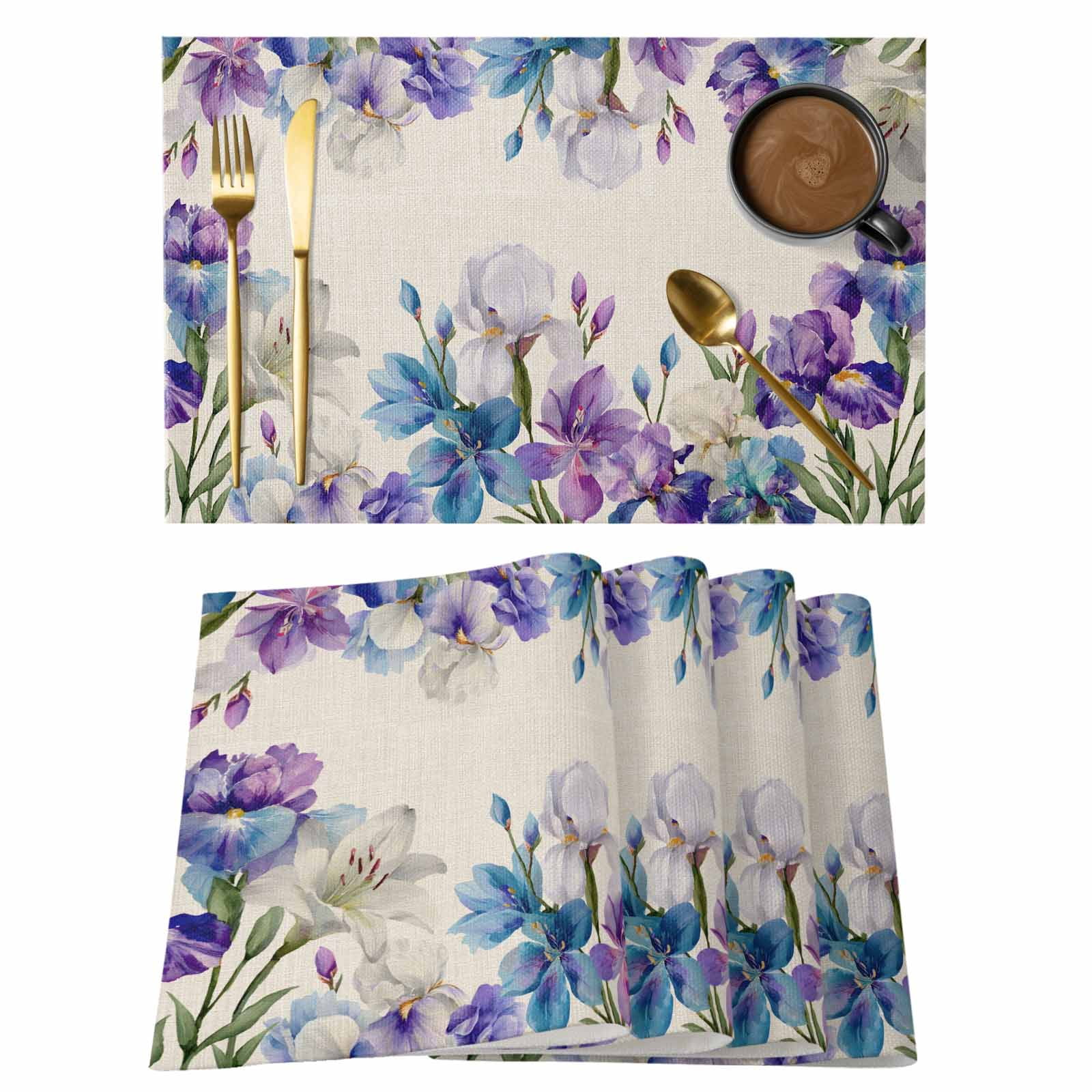 Spring Floral Cotton Linen Placemats Set of 6, Watercolors Purple Iris ...