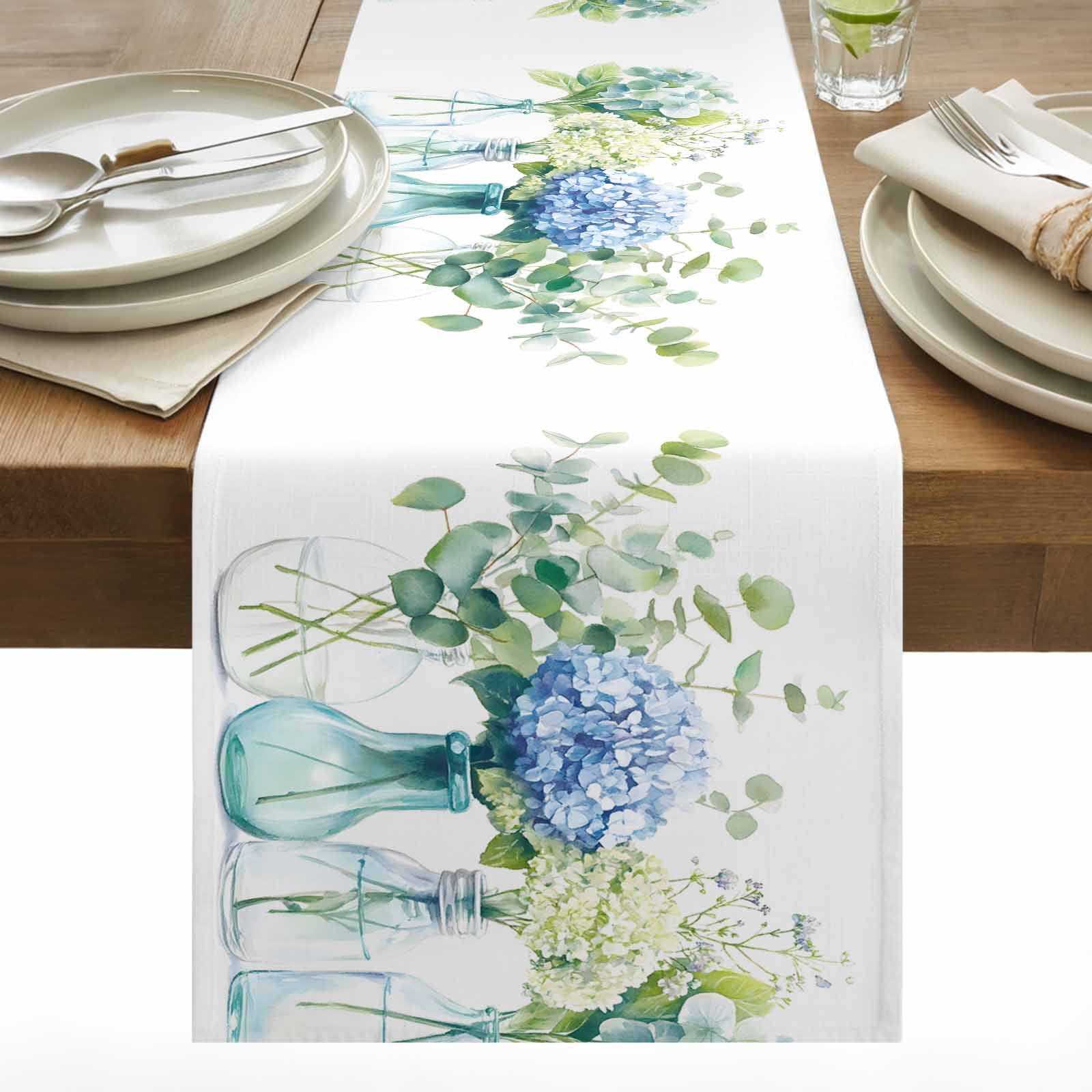 Spring Floral Cotton Linen Table Runner Blue Hydrangea Flower Leaves ...