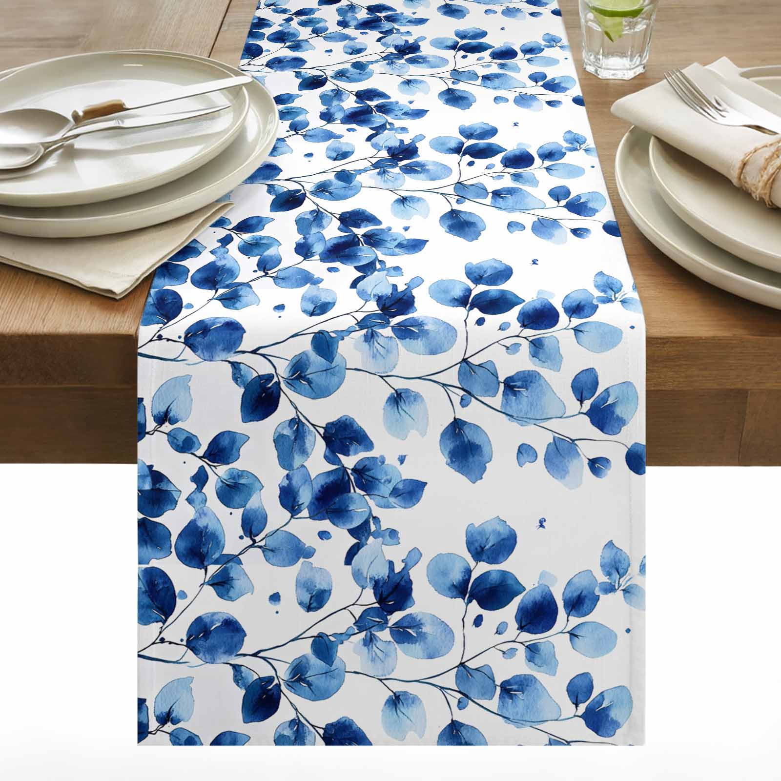 Spring Floral Cotton Linen Table Runner Country Watercolor Blue Flower ...
