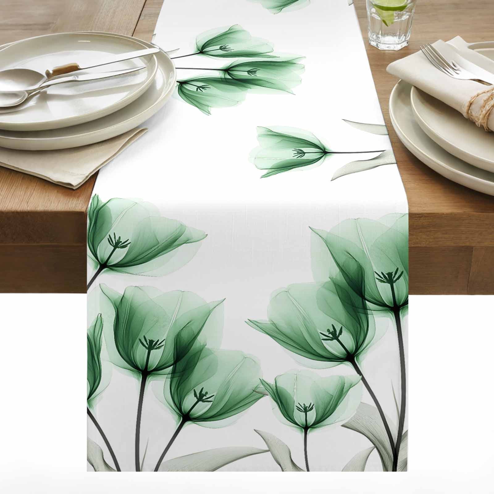 Spring Floral Cotton Linen Table Runner Green X-ray Tulip Looming ...